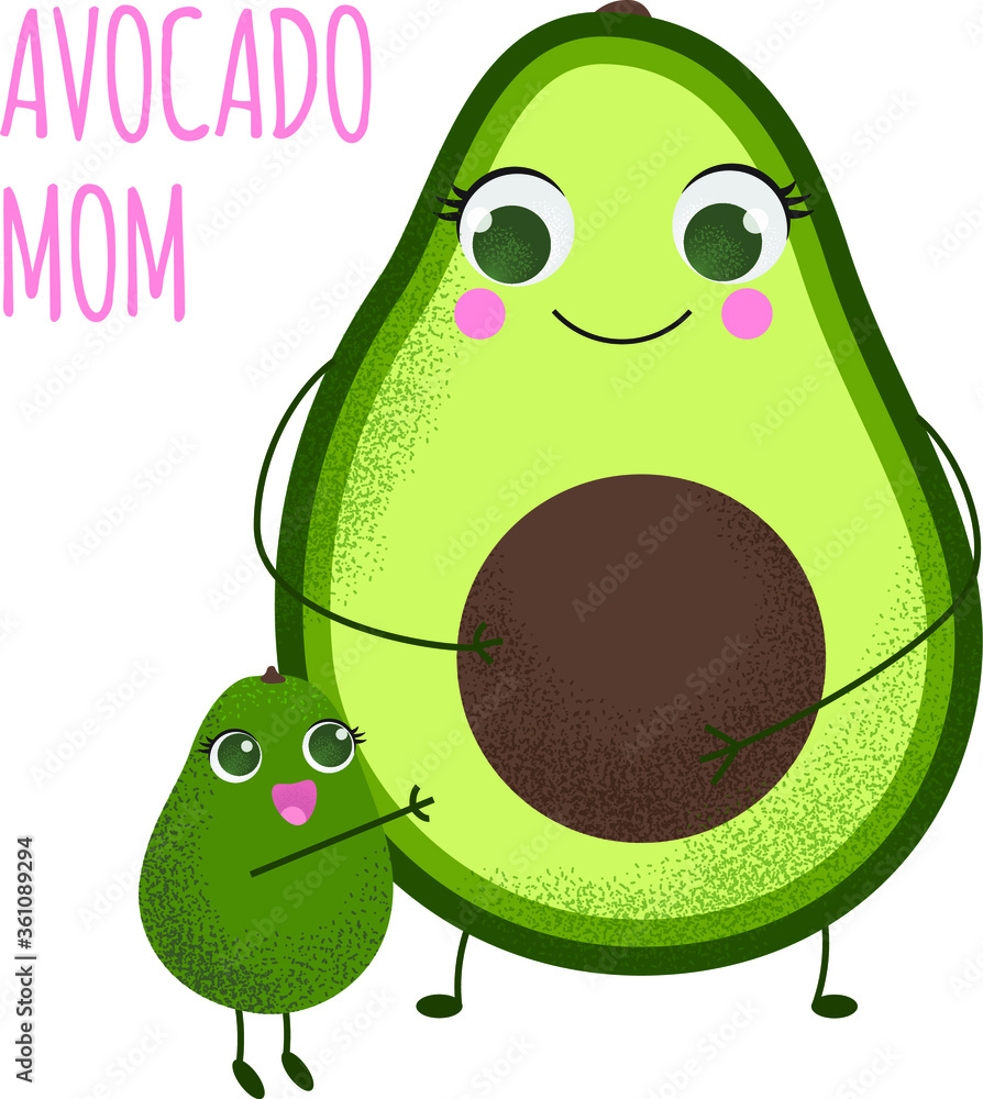 Cartoon Lovely kind pink illustration of avocado mom and baby avocado ...