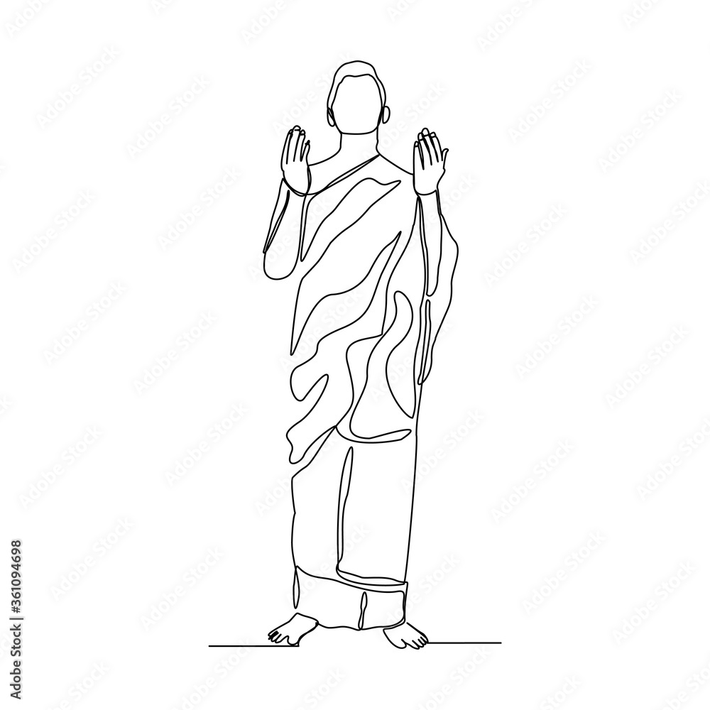 Continuous line drawing of muslim man praying in hajj ihram uniform ...