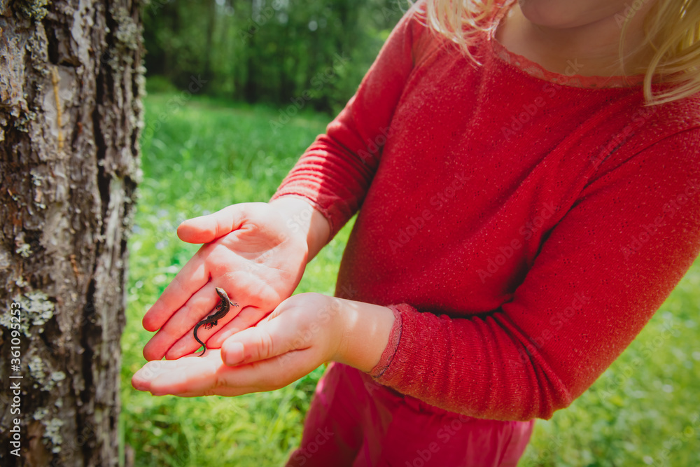 little girl holding and exploring lizard in forest, eco-friendly ...