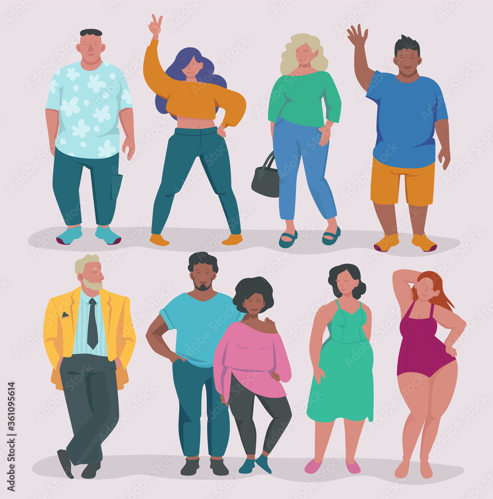 Fatty lifestyle. Fat male and female characters attractive overweight ...