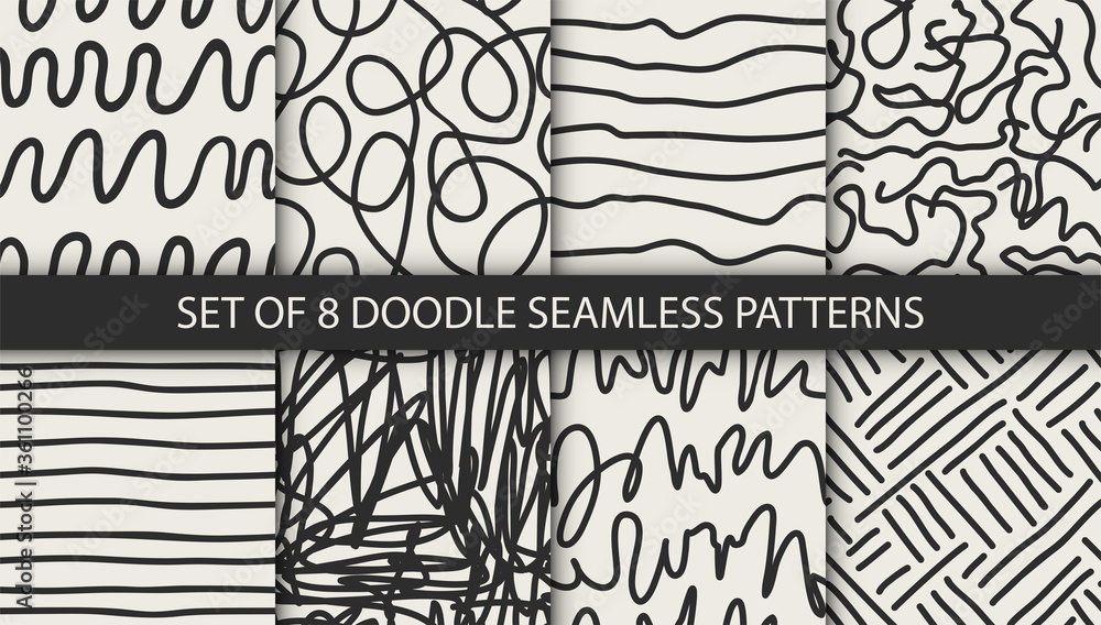 Set of 8 black and white seamless scribble hand drawn textures. Vector ...