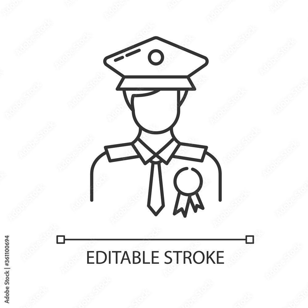 Police officer linear icon. Military patrol. Male guard. Security man ...