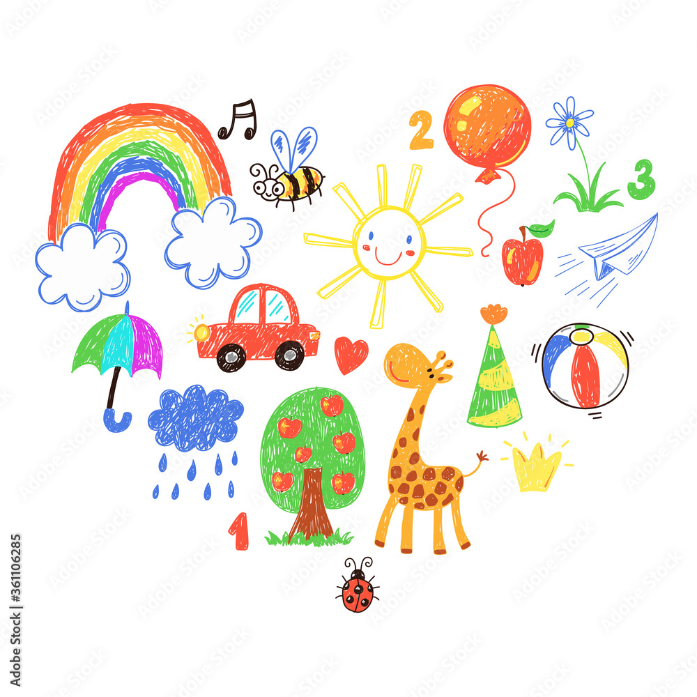 Collection of cute childrens drawings of house, toys, animals, nature ...