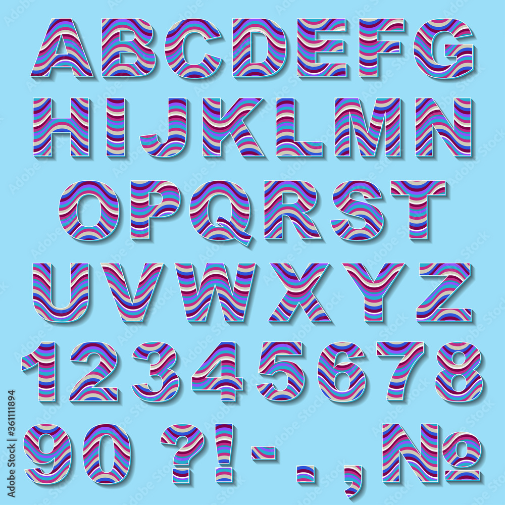 Alphabet, colorful bold letters with colorful wavy lines effect and ...