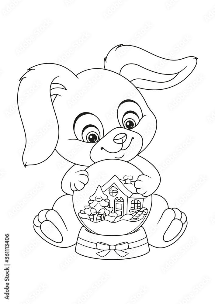 Bunny with Christmas Snow Globe Coloring Page. Outline cartoon vector ...
