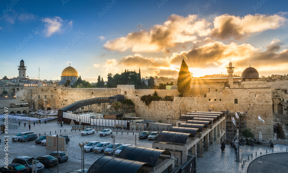 Sunburst through the clouds over the Temple Mount with Dome of the Rock ...