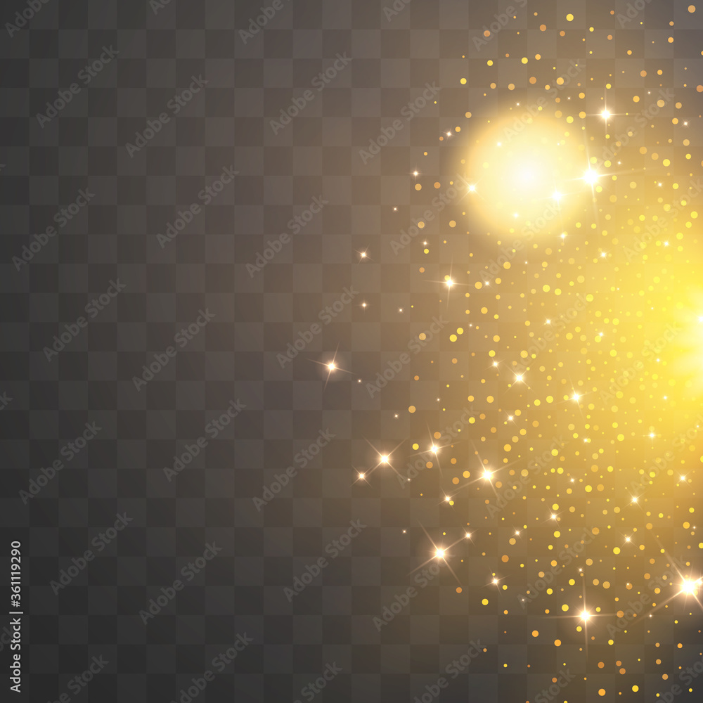 Golden particles glow light effect. Glowing yellow powder splash ...