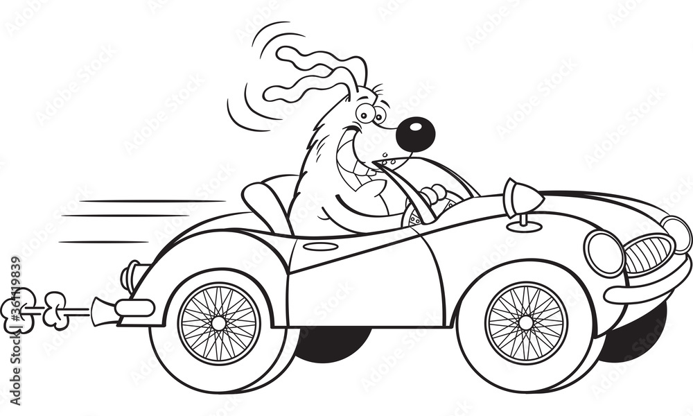 Black and white illustration of a dog driving a convertible sports car ...