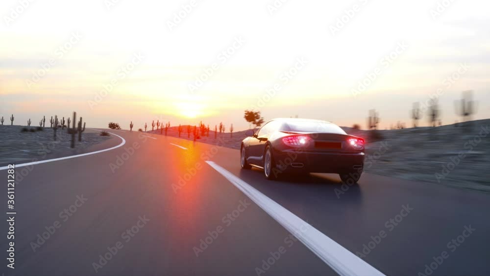 Black sport car on road, highway. Very fast driving. Wonderfull sunrise ...