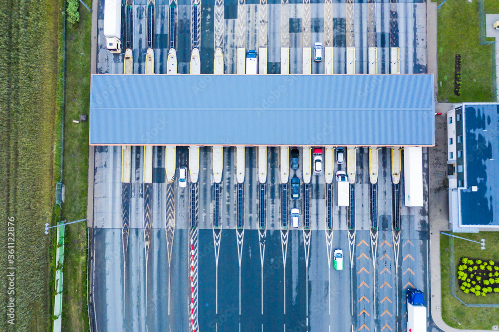 Car traffic transportation on multiple lanes highway road and toll ...