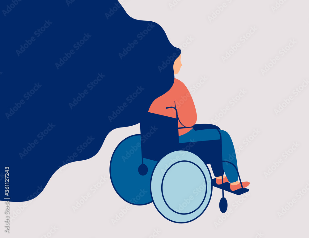 Sad young woman is sitting in a wheelchair isolated on light background ...