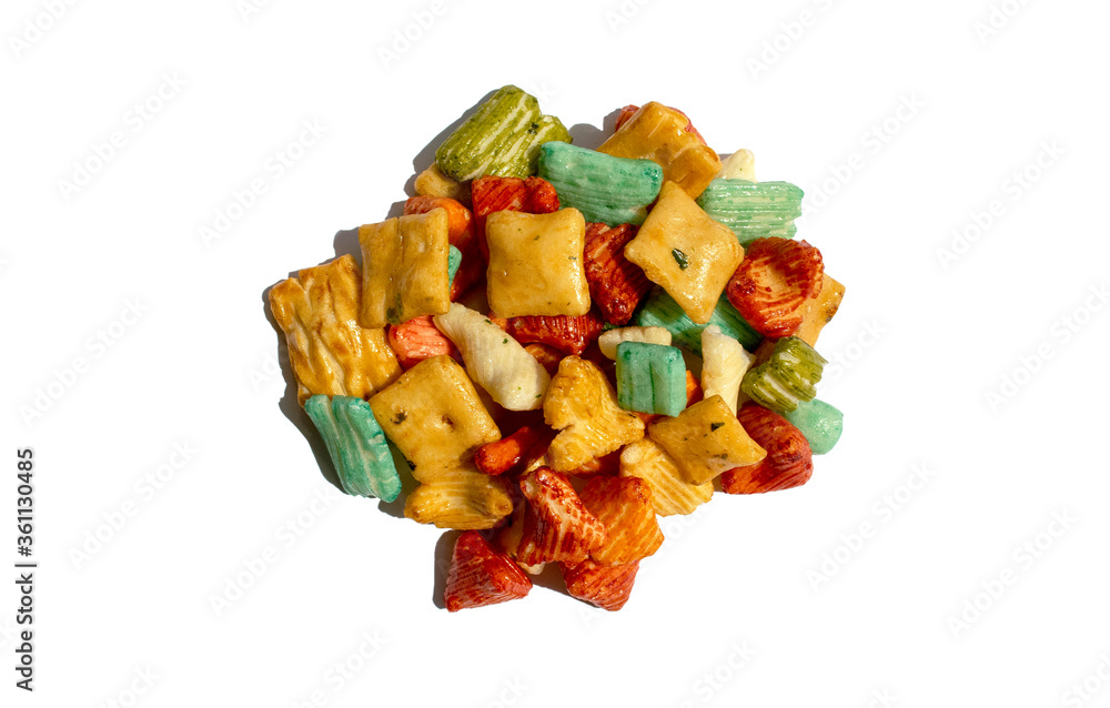 Japan mix isolated on white background, top view. Pile of japanese rice ...