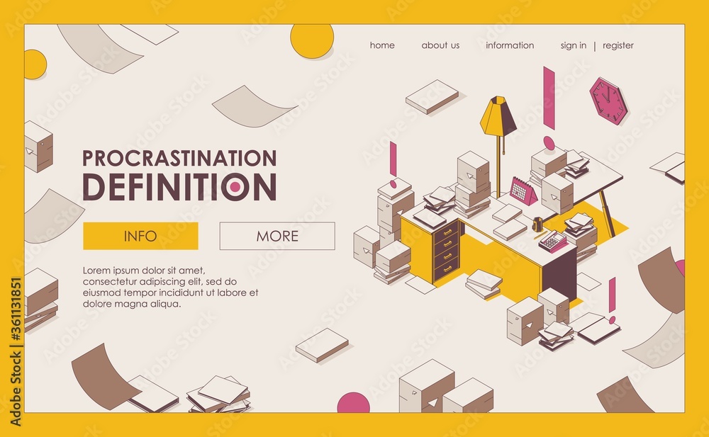 Procrastination isometric vector landing page or banner. Mess paper ...