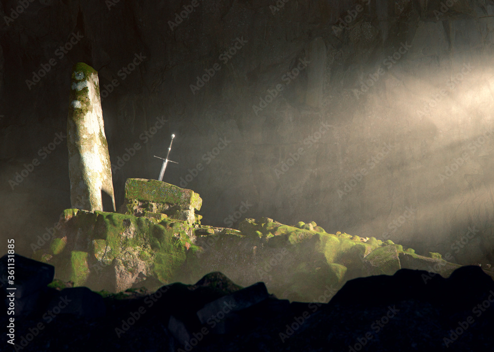 The sword in the stone in a cave on mossy rocks and lightened by sunray ...