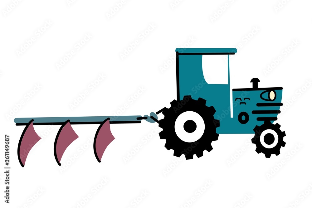 animated blue tractor with large notches on tires and attached plough ...