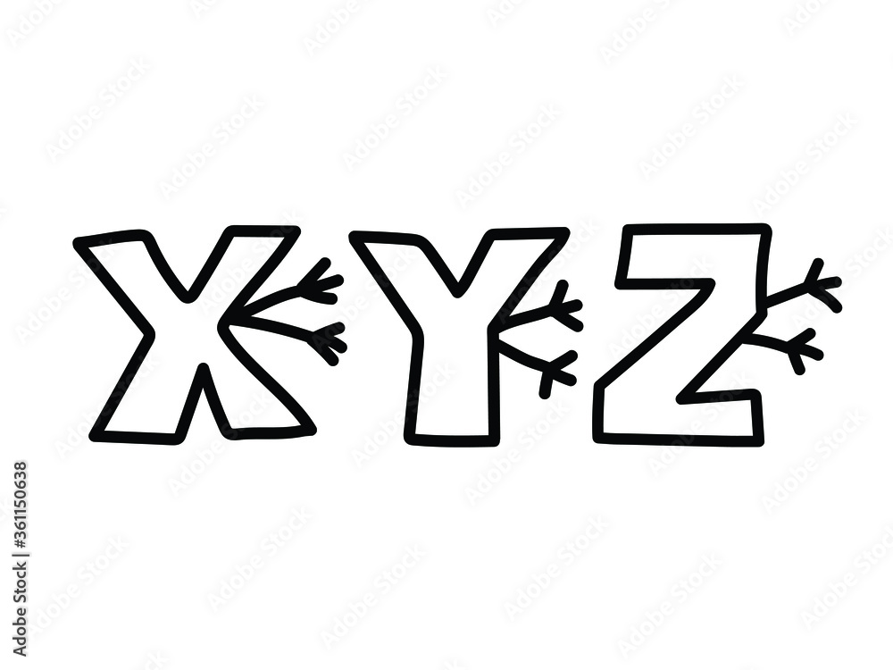 Letters XYZ hand drawn in black color isolated on white background with ...