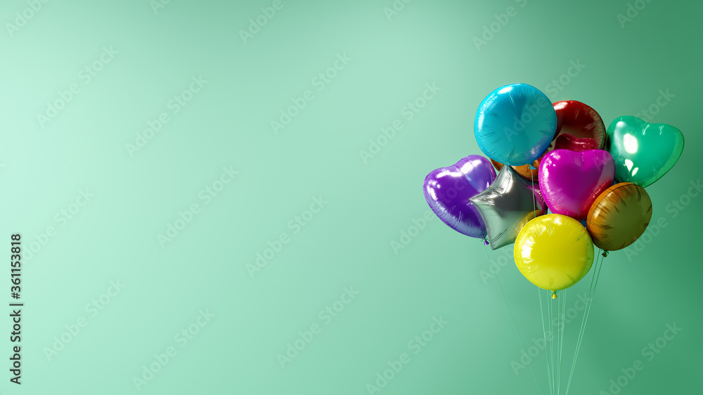 colorful party balloons in front of a light green mockup background ...