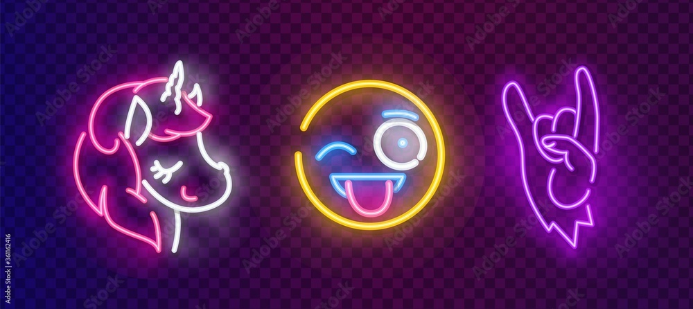 Pop art icons set. Pop art neon sign. Bright signboard, light banner ...