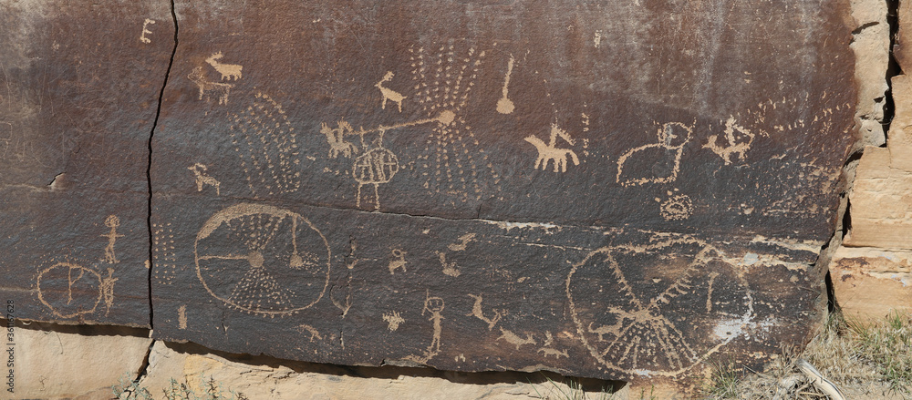Ancient Native American Indian rock art petroglyph Utah panorama. Nine ...