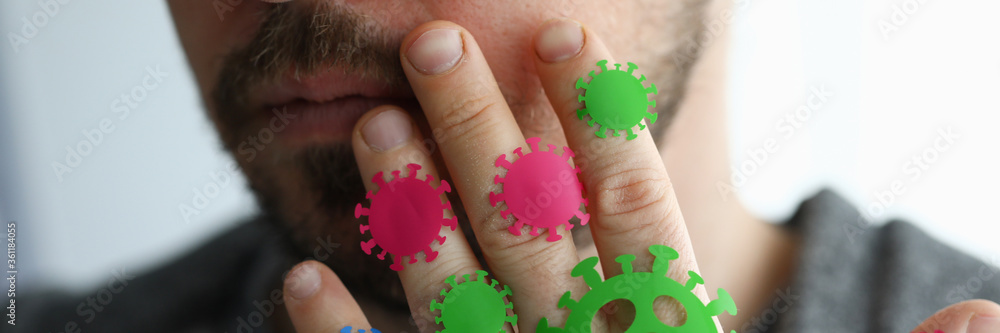 Man touches his face with microbes coronavirus. Patient has eye damage ...