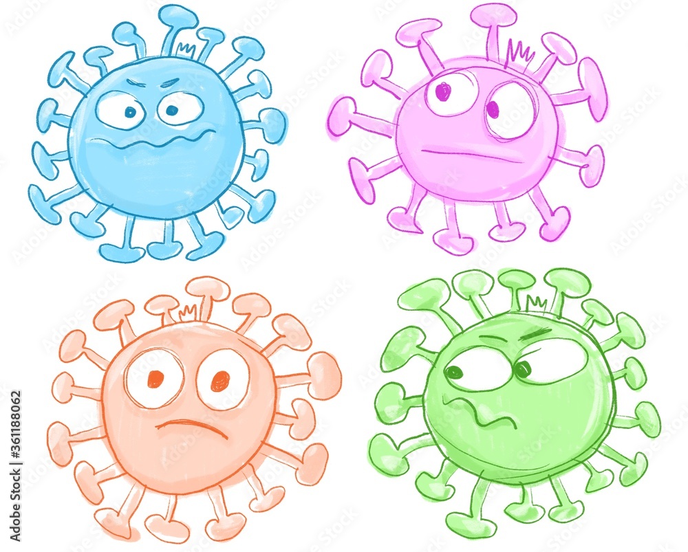 Hand drawn cartoon illustration of four coronavirus infection molecules ...