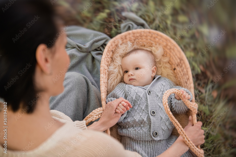 Caring for a baby. A large portrait of a small child lying in a wicker ...