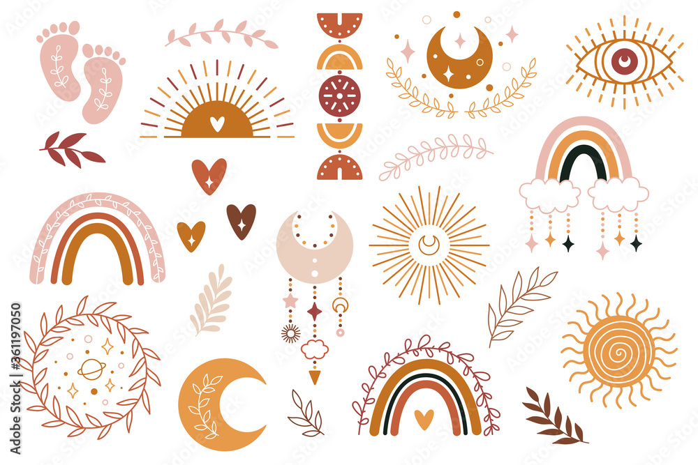 Vector hand drawn boho clipart for nursery decoration with cute ...