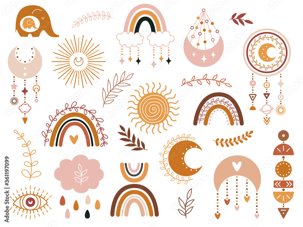 Vector hand drawn boho clipart for nursery decoration with cute ...