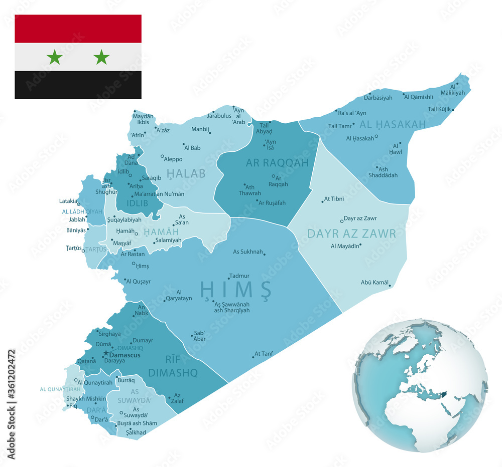 Syria administrative blue-green map with country flag and location on a ...