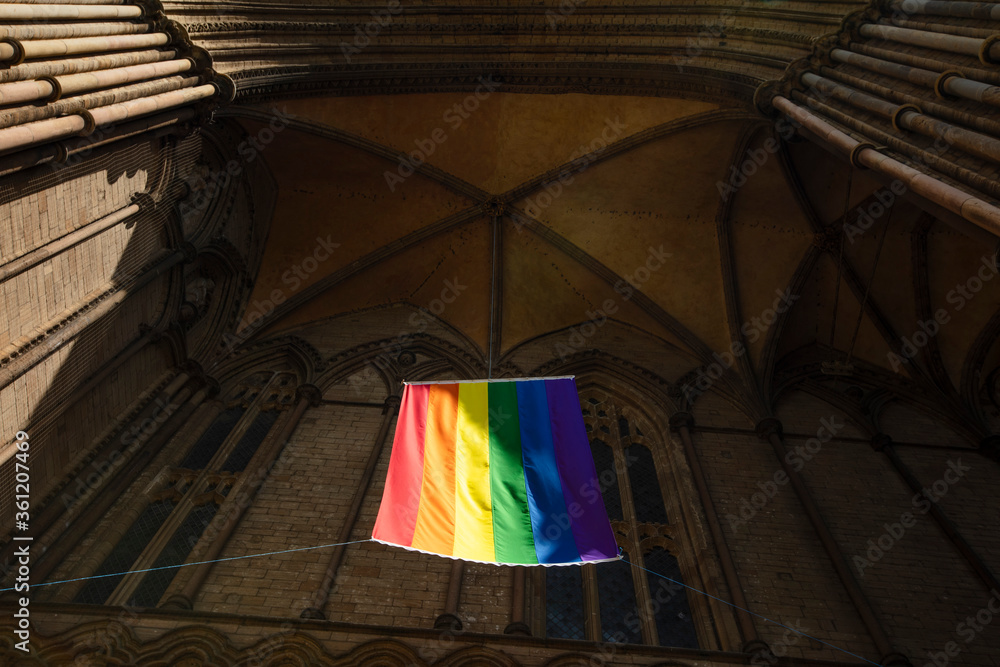 Peterborough, Cambridgeshire, UK, July 2019, A view of a Pride flag ...