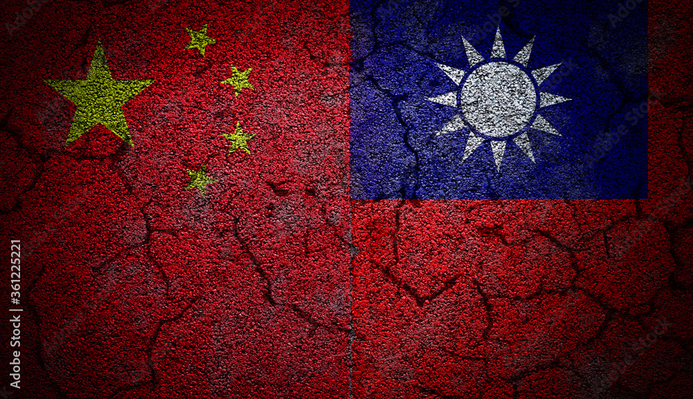 Grunge dual flags of China and Taiwan on concrete wall with cracks to ...