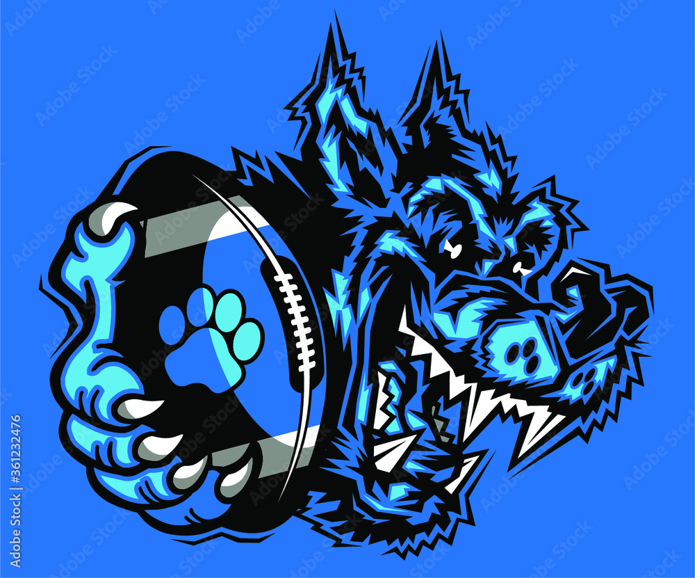 cartoon wolves football mascot holding ball in claw for school, college ...