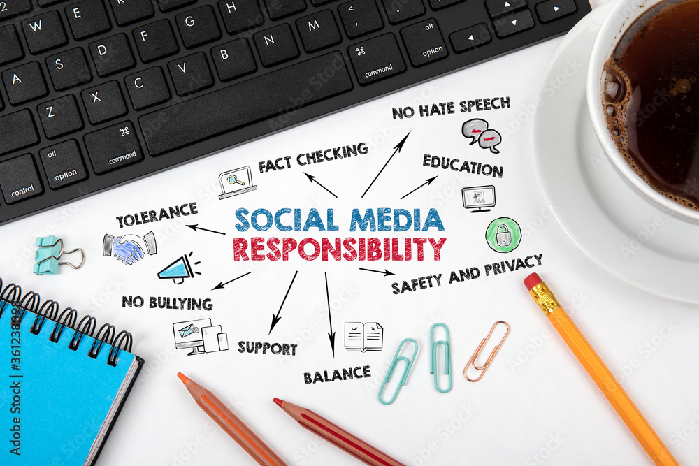 Social Media Responsibility. Tolerance, Fact Checking, Safety and Privacy concept. Chart with ...