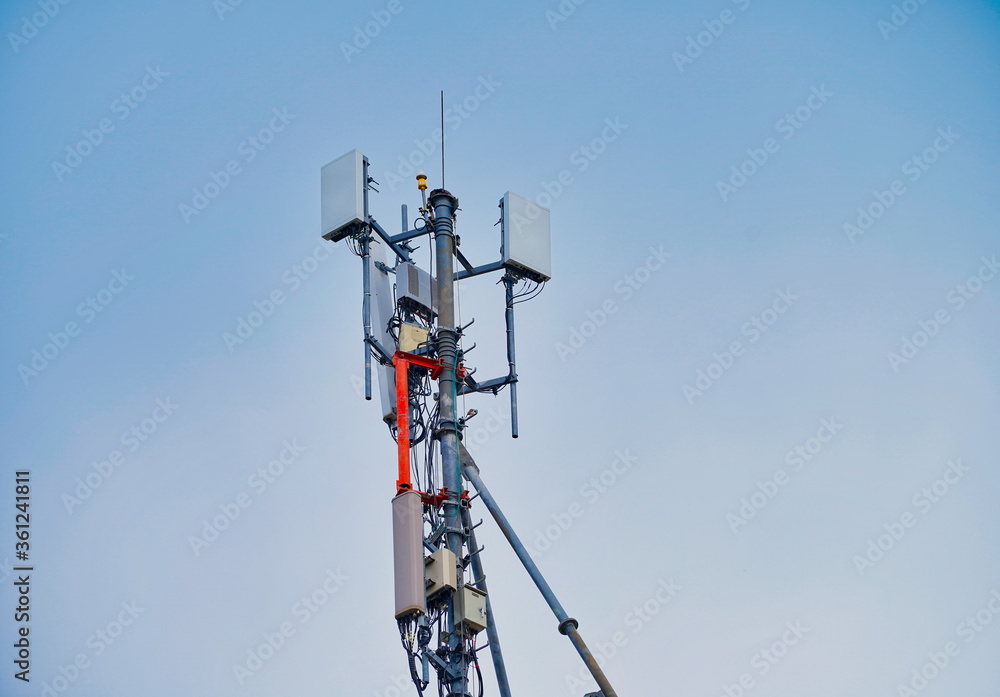 Macro Base Station or Base Transceiver Station. Telecommunication tower with antennas of 4G and ...