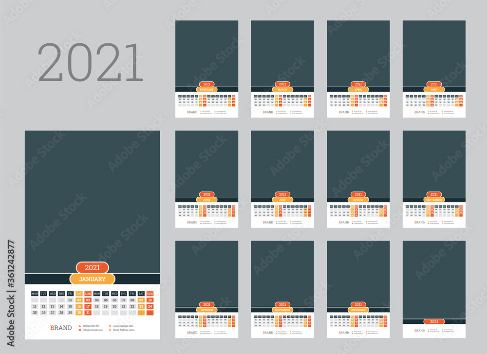 Wall calendar planner template for 2021 year. Set of 12 months. Week ...