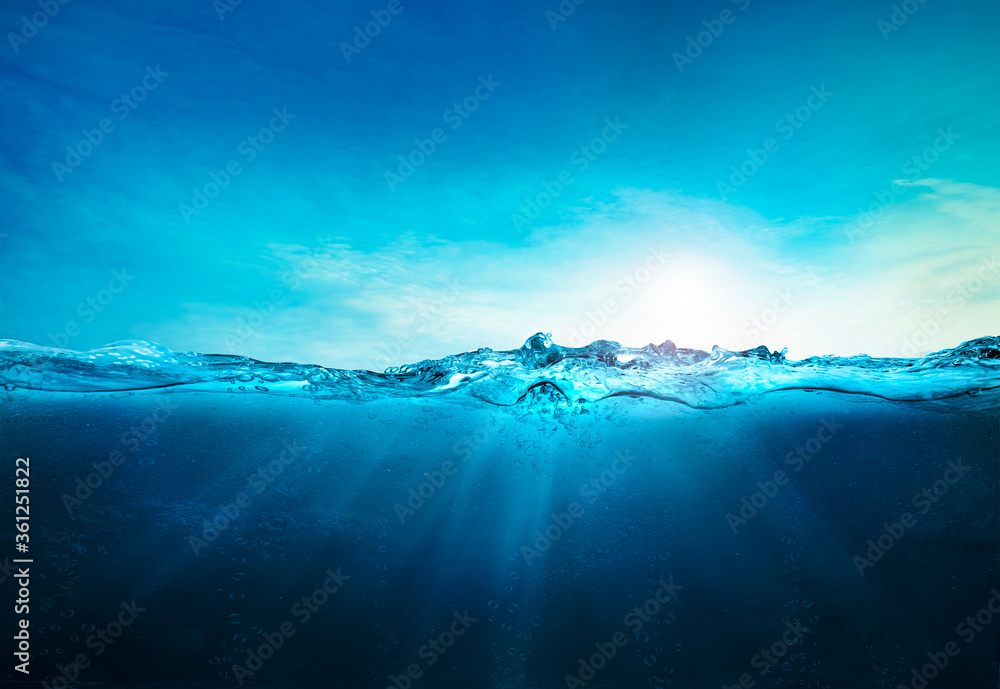 blue ocean underwater , deep ocean, blue water waves with sun beam ...