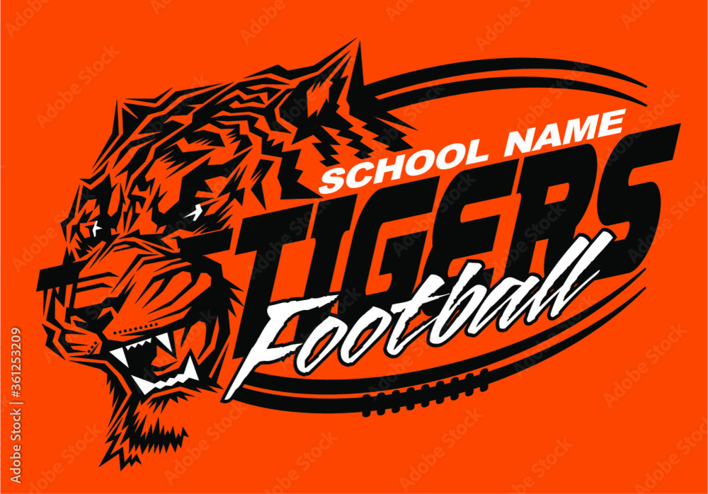 tigers football team design with mascot and laces for school, college ...