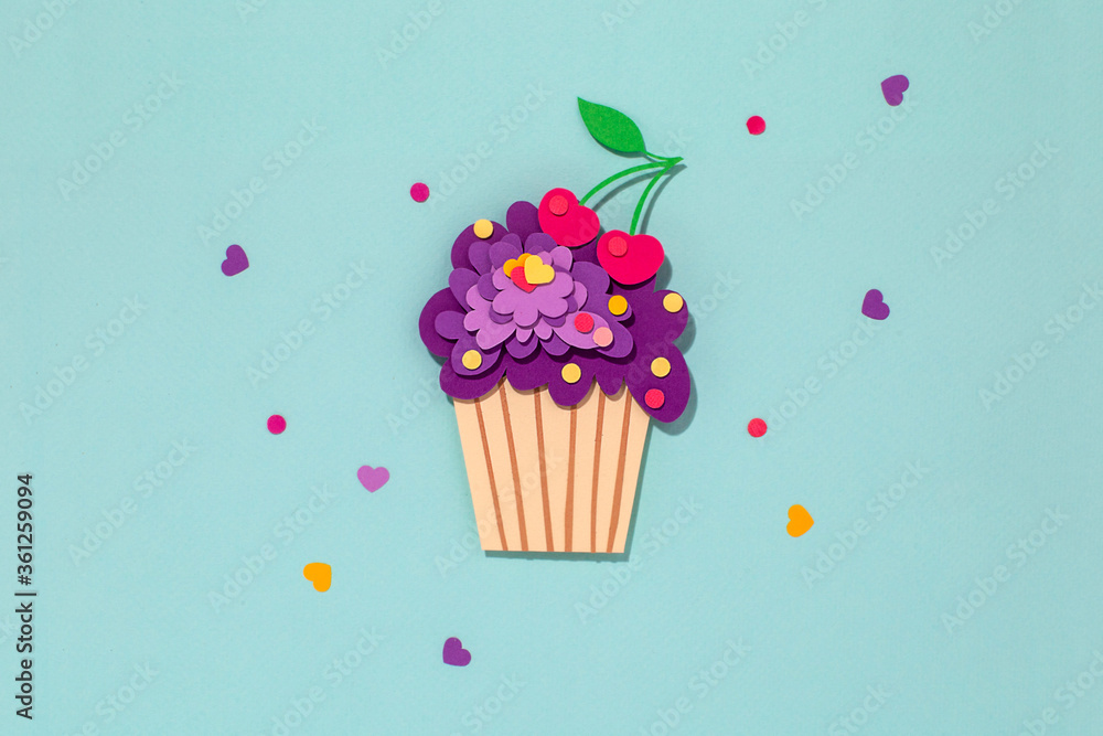 Paper cutting cupcake on blue background. Handmade art work. Colorful ...