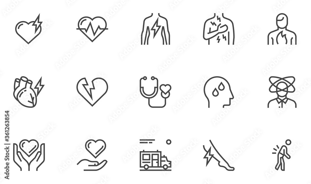 Heart Attack Vector Line Icons. Heart Disease, Symptoms, Cardiology ...
