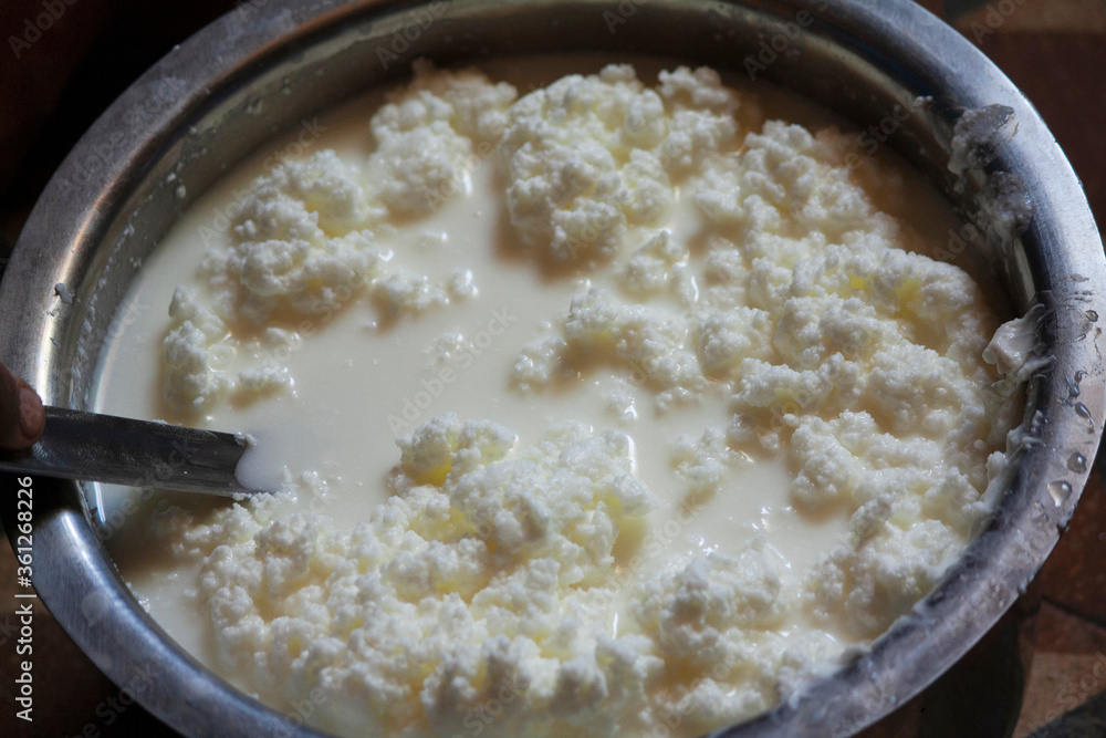 Curdling process of milk to Curd, Buttermilk , Separation Stock Photo ...