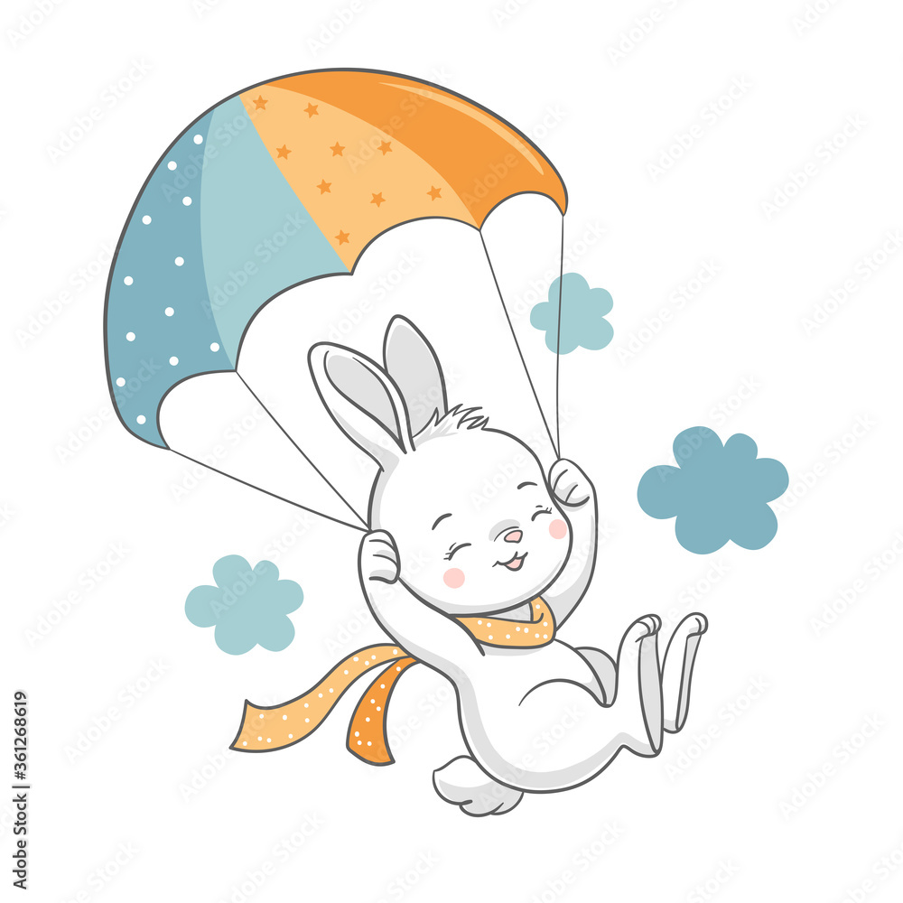 Vector illustration of a cute bunny flying with a parachute. Stock ...