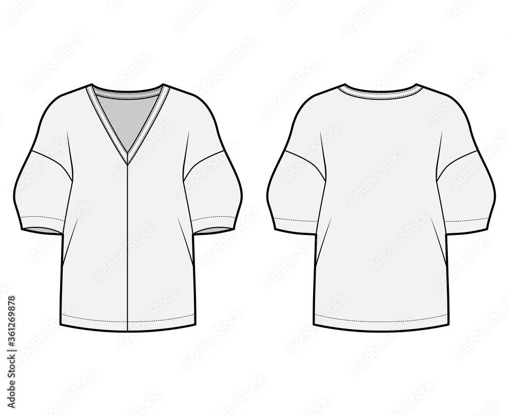 Blouse technical fashion illustration with deep V neck, dropped ...