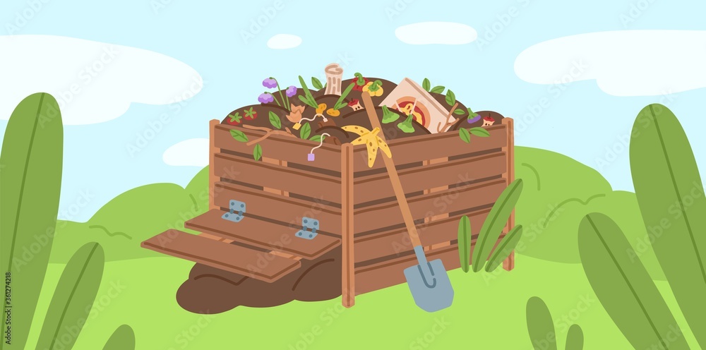 Compost box with bio recycling garbage vector illustration. Pile of ...
