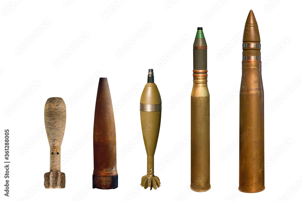 various types of military artillery shells of the second world war ...