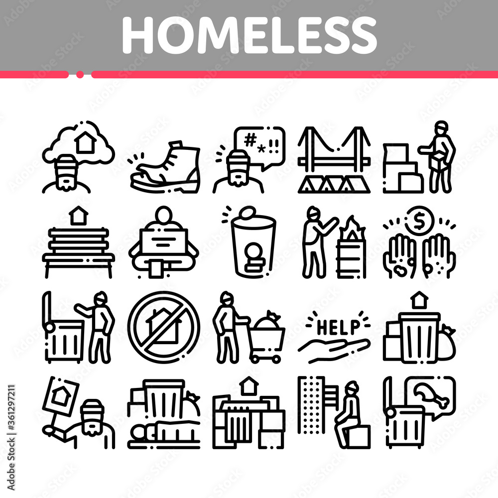 Vecteur Stock Homeless Beggar People Collection Icons Set Vector ...