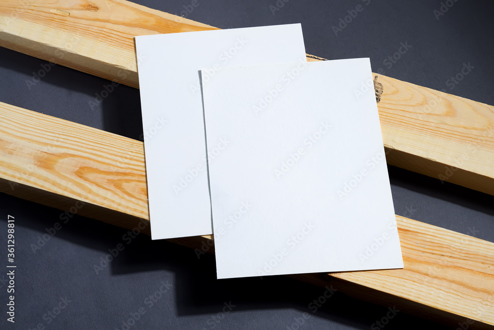 Folded business white card mockup on wooden Stock Photo | Adobe Stock