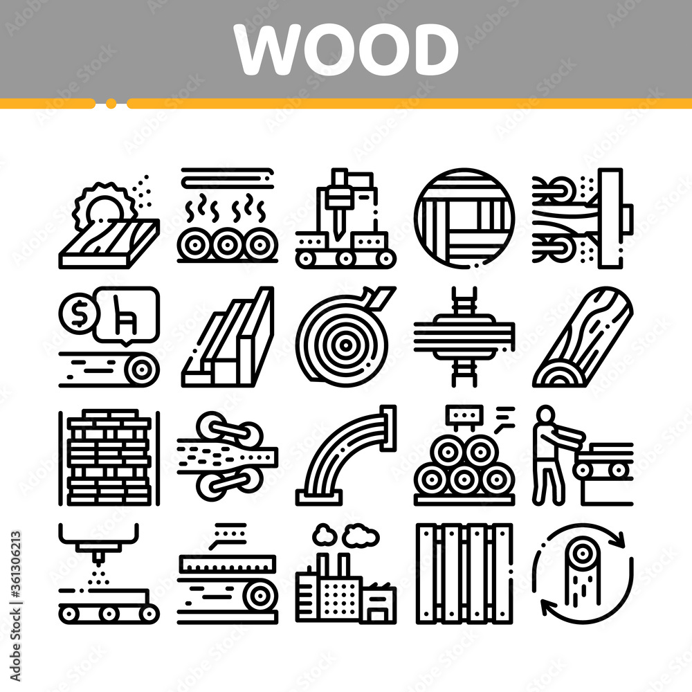 Wood Production Plant Collection Icons Set Vector. Wood Sawmill And ...