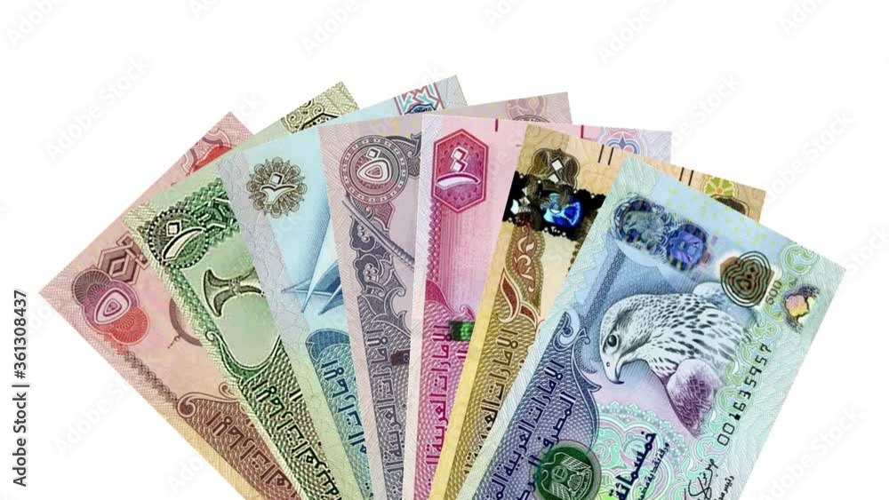 United Arab Emirates Currency Dirhams Banknotes Looping Background ...
