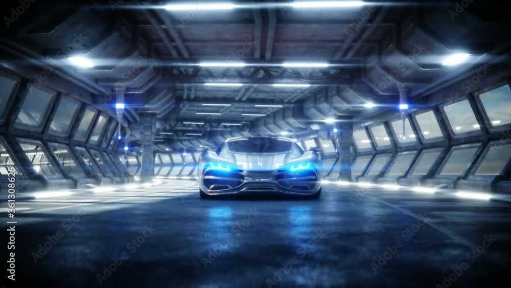 futuristic car in sci fi tunnel, coridor. Concept of future. Realistic ...