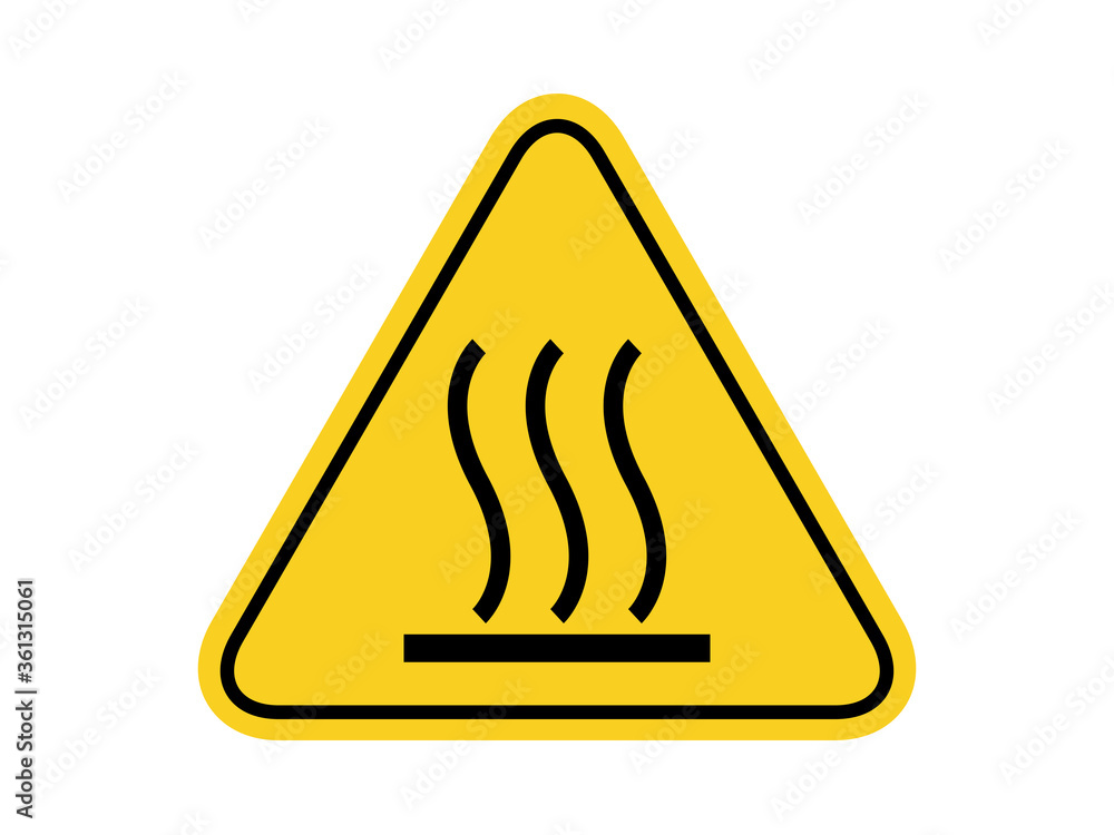 isolated hot surface common hazards symbols on yellow round triangle ...